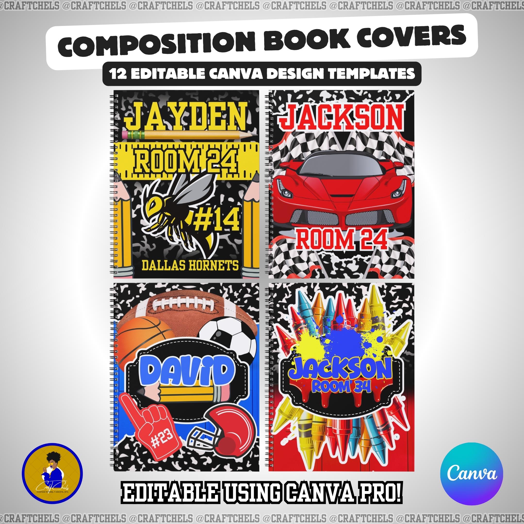 12 Composition Book Cover Designs | 6 Girl + 6 Boy | Canva Editable ...