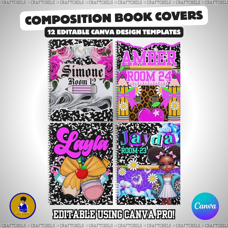 12 Composition Book Cover Designs | 6 Girl + 6 Boy | Canva Editable ...