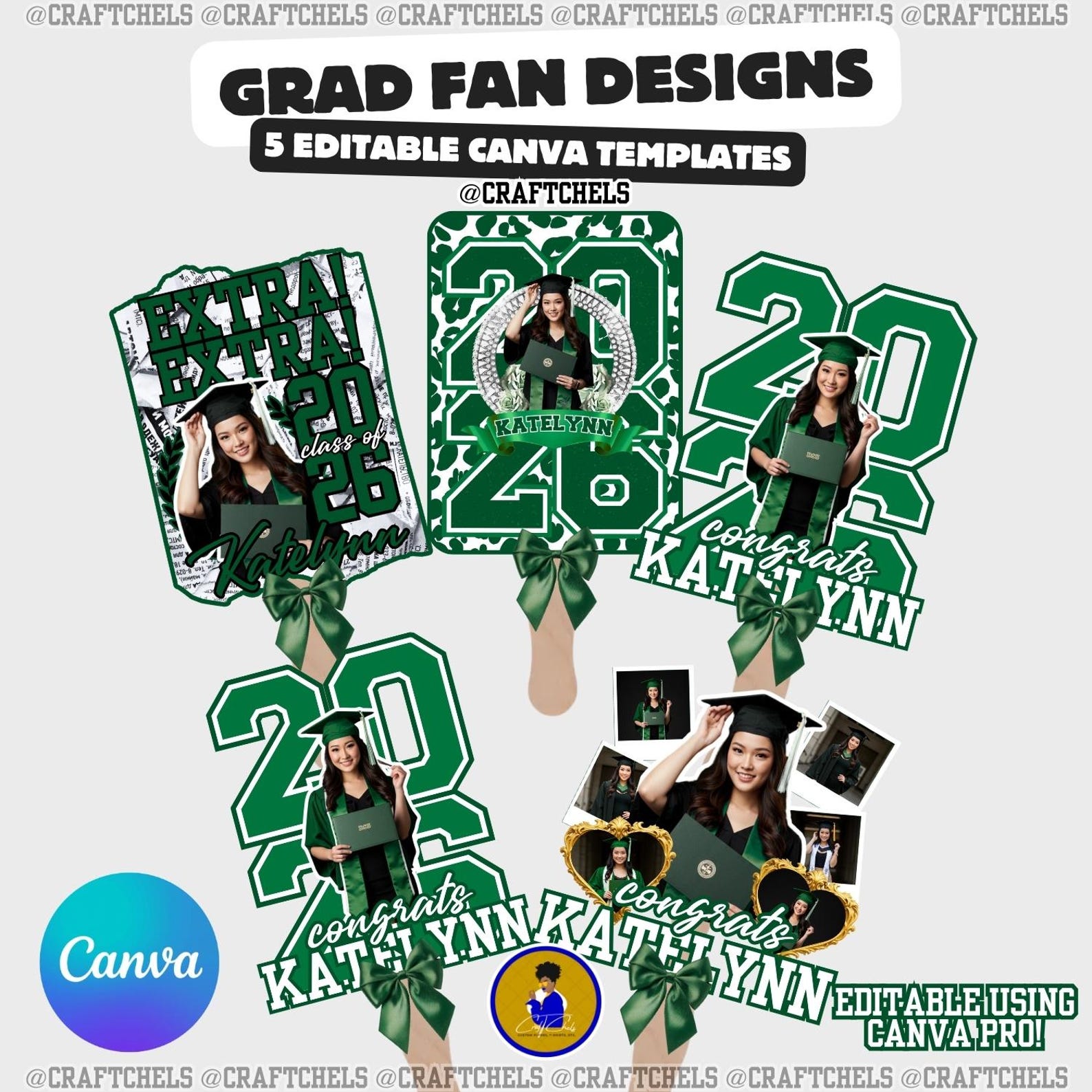 Green Grad Fan Template | Graduation Fans Canva Template – Set of 5 ...