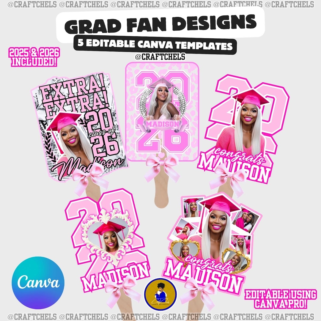 Pink Grad Fan Template | Graduation Fans Canva Template – Set of 5 ...