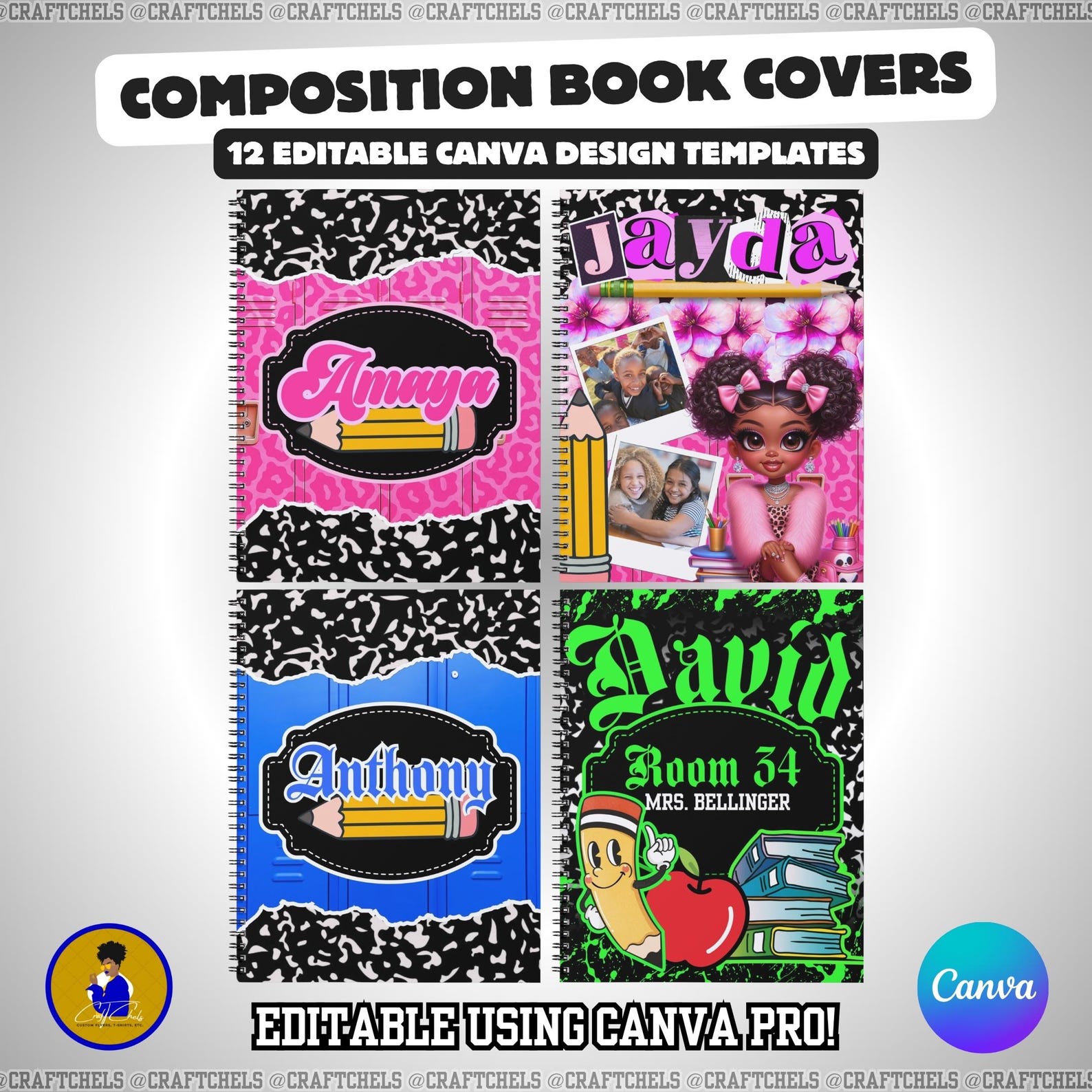 12 Composition Book Cover Designs | 6 Girl + 6 Boy | Canva Editable ...