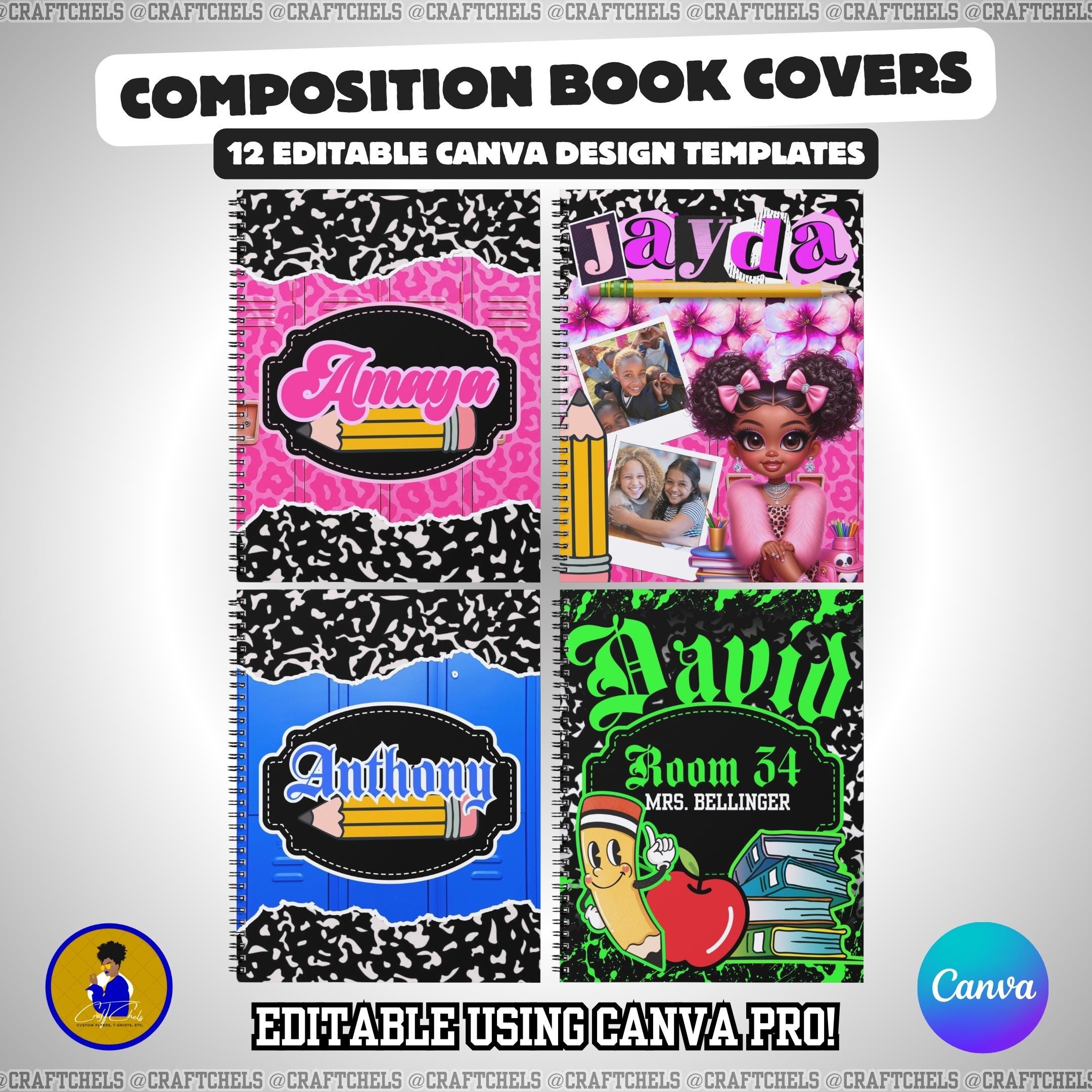 12 Composition Book Cover Designs | 6 Girl + 6 Boy | Canva Editable ...