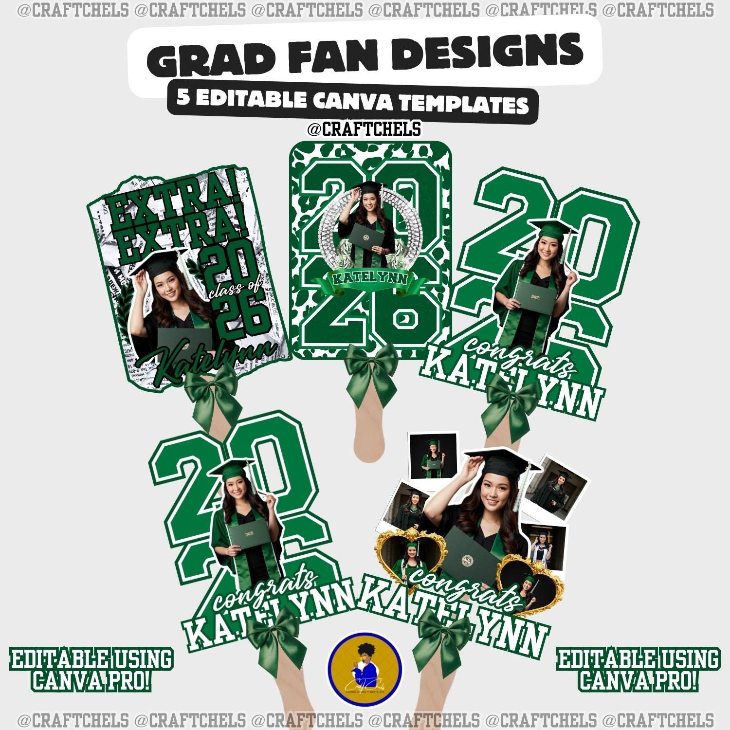 Green Grad Fan Template | Graduation Fans Canva Template – Set of 5 ...