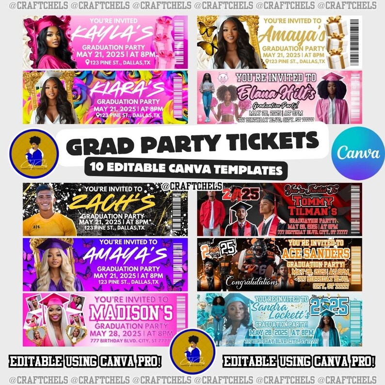 Graduation Party Ticket Template Bundle – 10 Editable Canva Designs ...