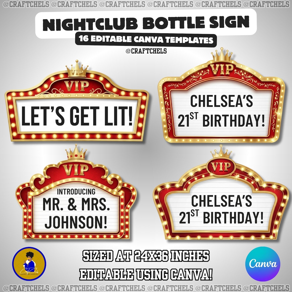 Bottle Service Sign Editable Template Bundle | 16 Editable Canva ...