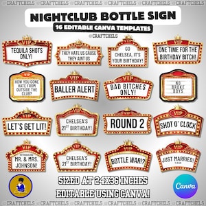 Bottle Service Sign Editable Template Bundle | 16 Editable Canva ...