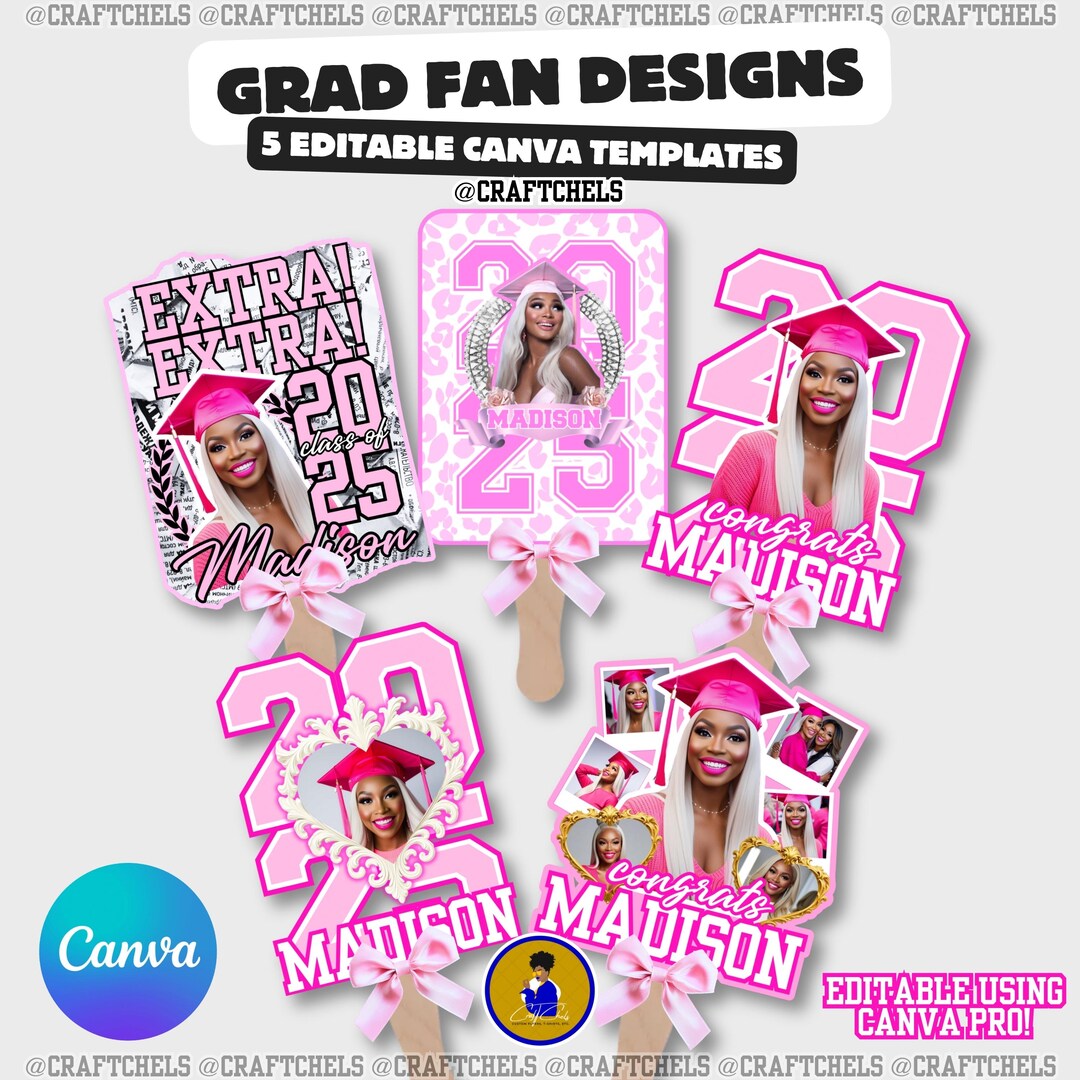 Pink Grad Fan Template | Graduation Fans Canva Template – Set of 5 ...