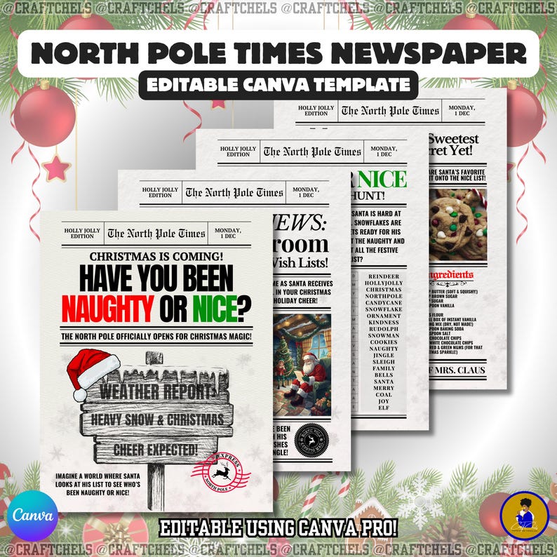 North Pole Times Christmas Newspaper | Editable Canva Template ...