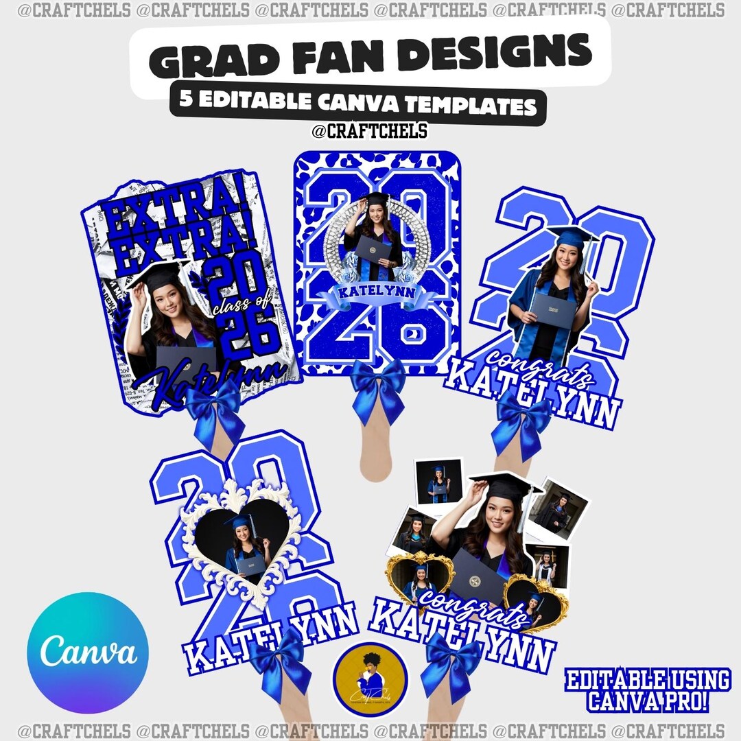 Blue Grad Fan Template | Graduation Fans Canva Template – Set of 5 ...