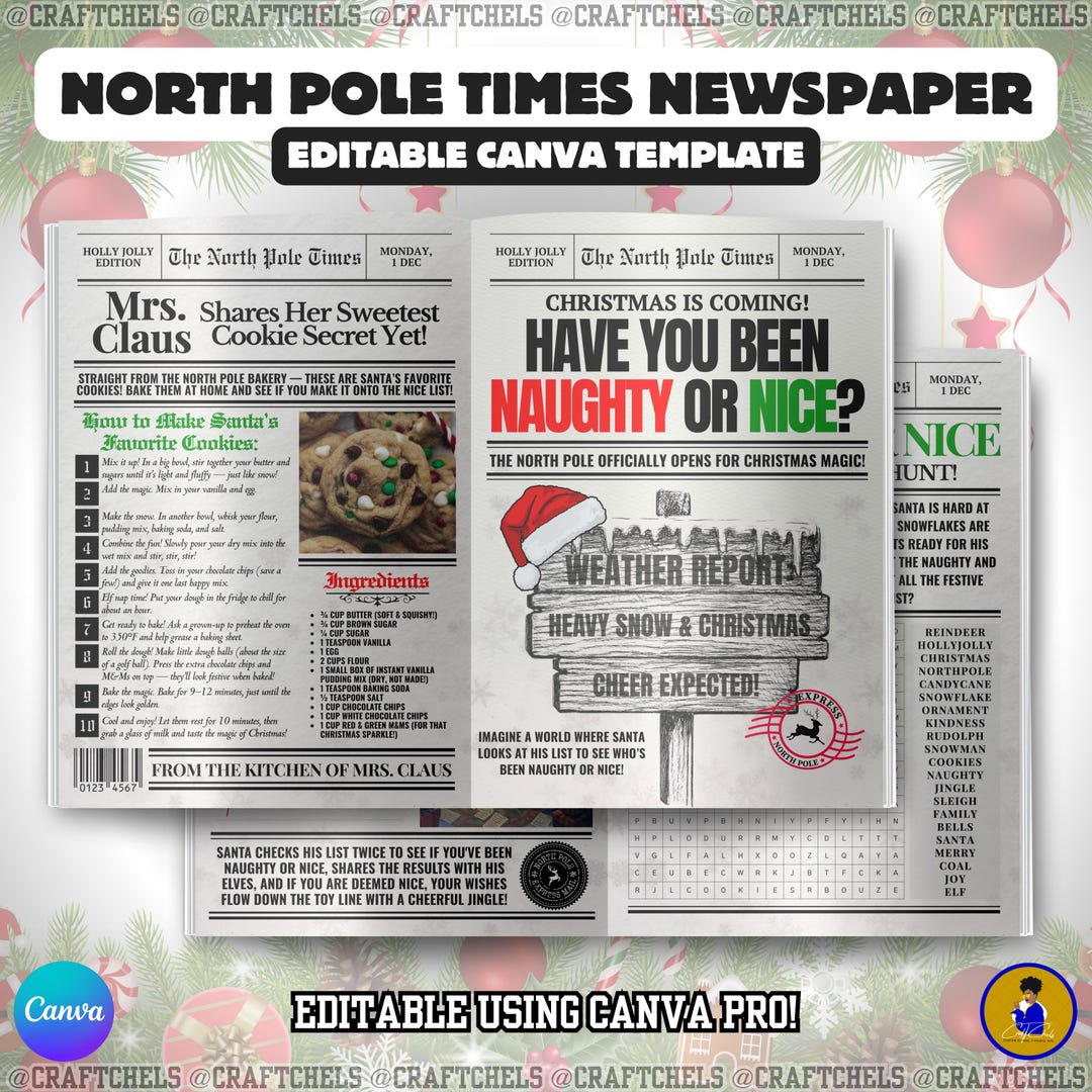 North Pole Times Christmas Newspaper | Editable Canva Template ...