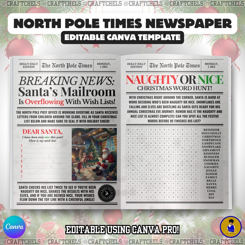 North Pole Times Christmas Newspaper | Editable Canva Template ...