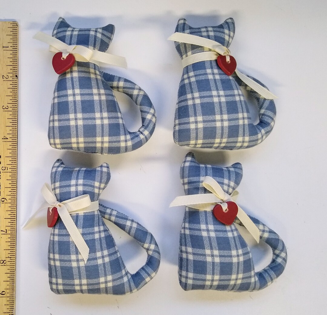 Vintage Cat Napkin Rings Set, 1980's Blue Plaid Fabric Napkin Holder ...