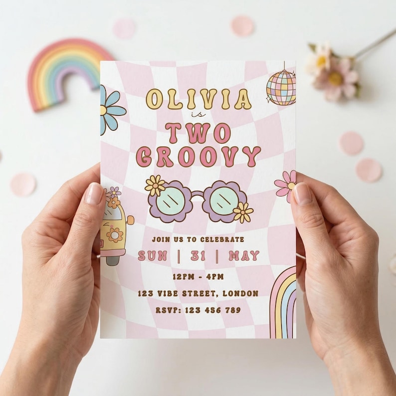 Two Groovy Birthday Invitation Template | Canva Editable | Retro 2nd ...