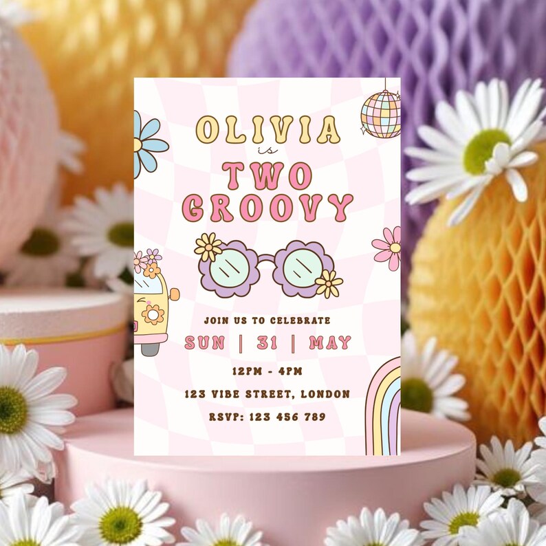 Two Groovy Birthday Invitation Template | Canva Editable | Retro 2nd ...