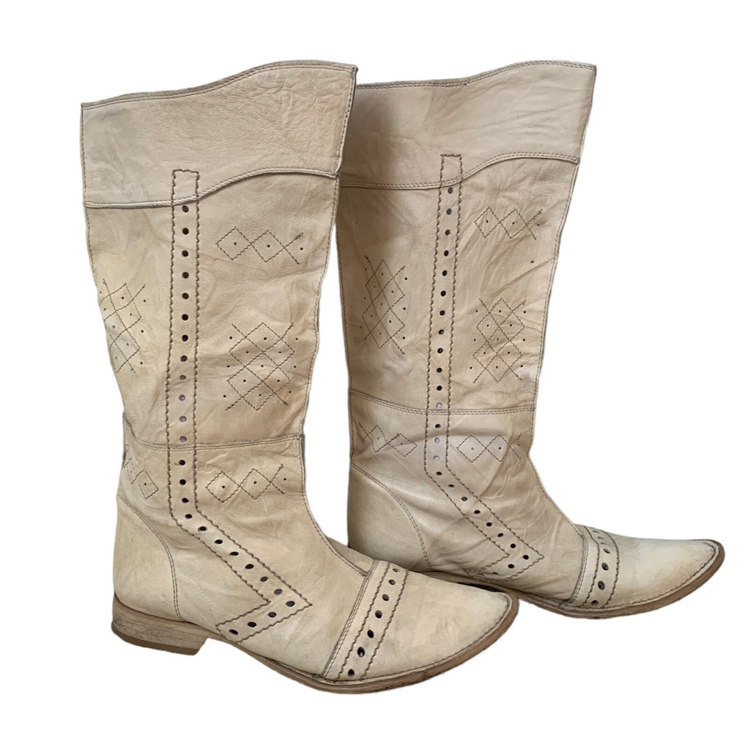 Leather Cream Distressed Y2k Western High Top Knee Boots Moto Biker ...