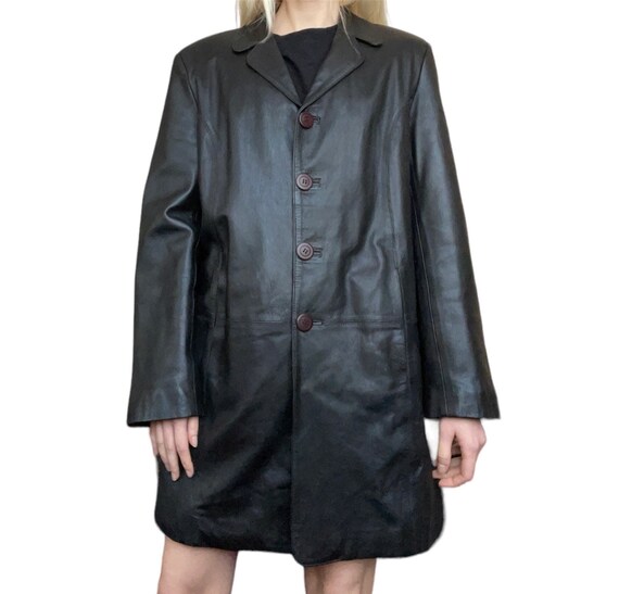 90s black leather coat matrix coat y2k coat leather j… - Gem
