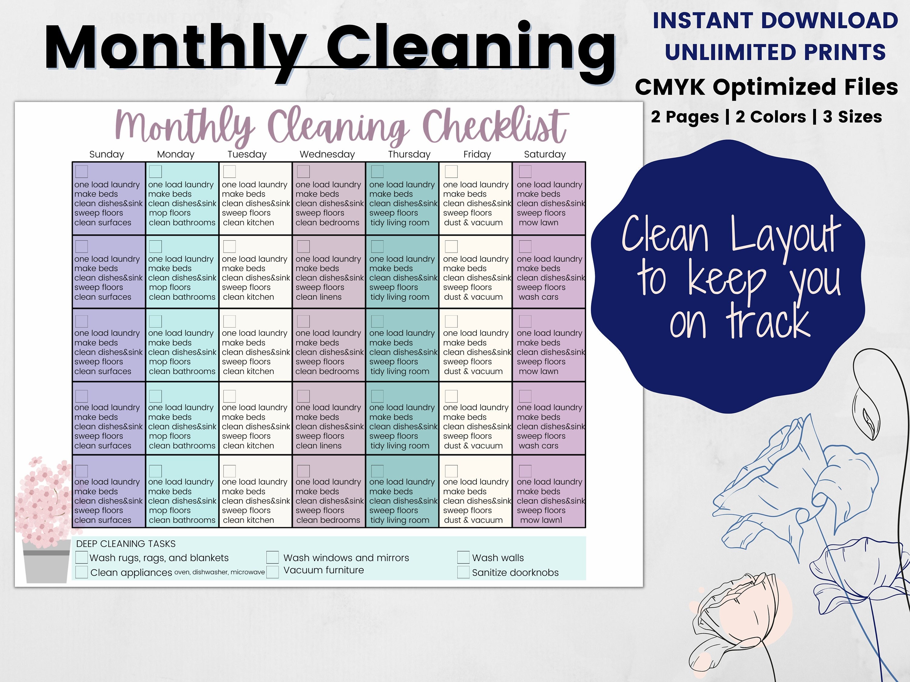 Monthly Cleaning Checklist Calendar, Printable Planner for Home ...