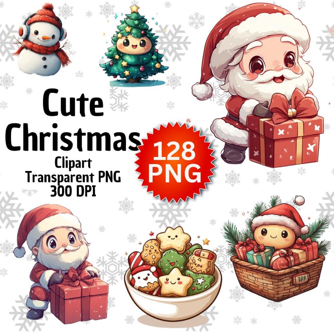 128 Cute Kawaii Christmas Clipart Set Adorable Digital Art Christmas ...