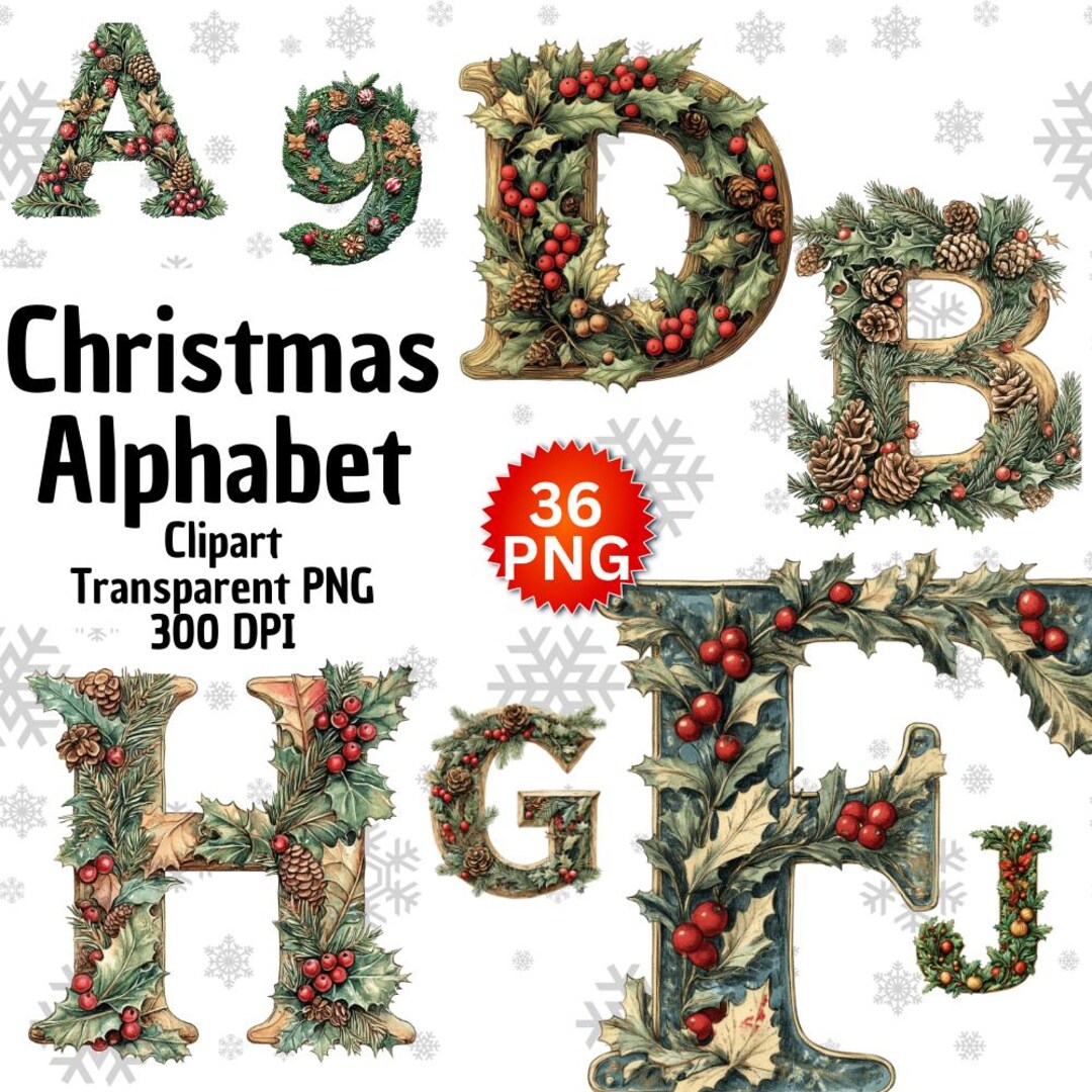 Christmas Alphabet and Numbers Clipart Bundle, Retro Christmas ...