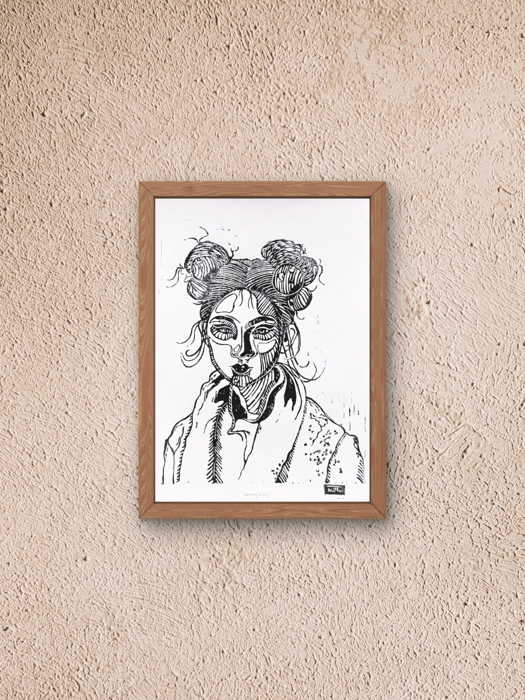 Waiting Lady Linocut Print A4 Original Artwork Black Ink on White Paper ...