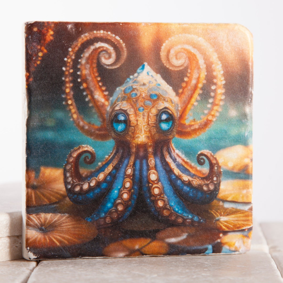 Printed Tile, Small, Delicate Octopus in the Water Lily Pond ...