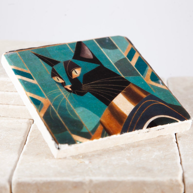 Printed Tile, Black Cat, Art Deco, 20s, Painting, Travertine, Natural ...