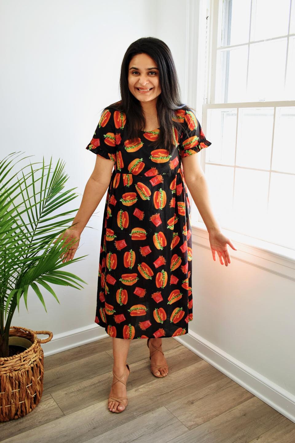 Black Burger Print Dress Summer Vacation Cotton Dress Midi Dress - Etsy
