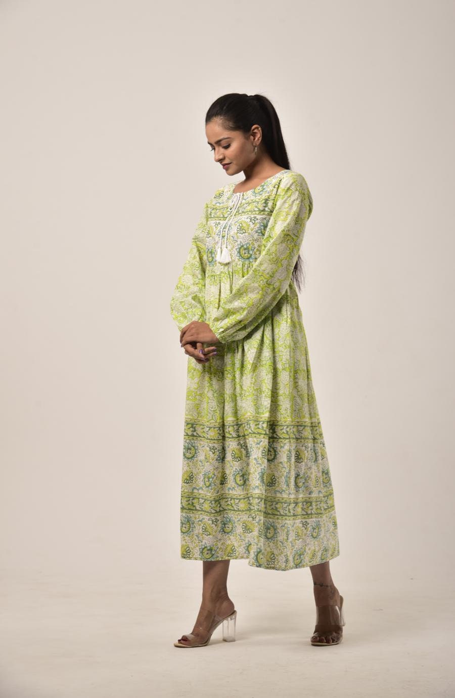 Lime Green Block Print Long Dress Summer Vacation Cotton - Etsy