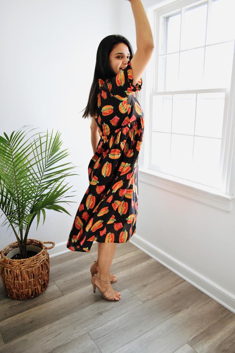 Black Burger Print Dress Summer Vacation Cotton Dress Midi Dress - Etsy