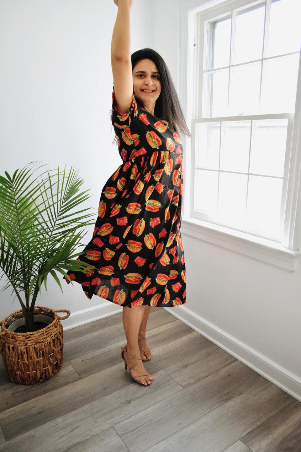 Black Burger Print Dress| Summer | Vacation | Cotton Dress | Midi Dress ...