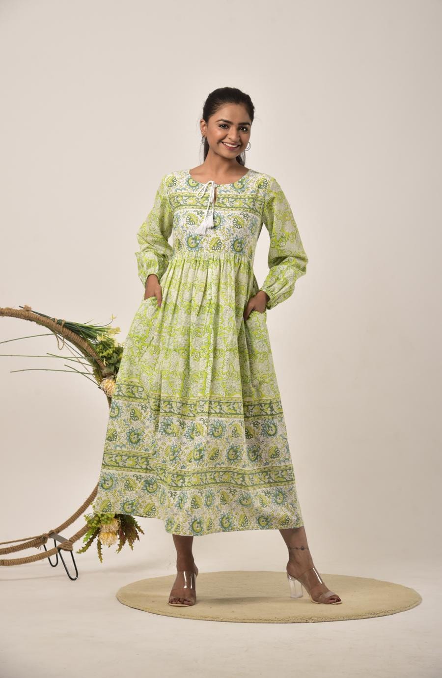 Lime Green Block Print Long Dress Summer Vacation Cotton - Etsy