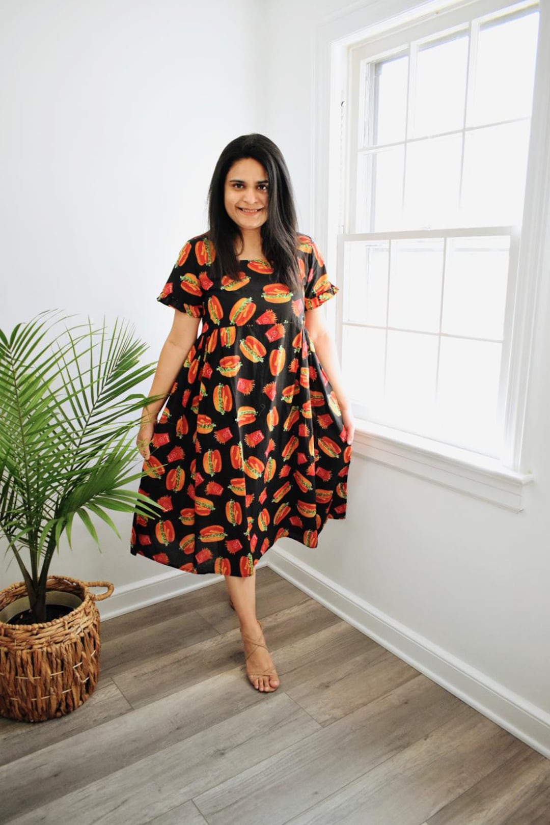 Black Burger Print Dress| Summer | Vacation | Cotton Dress | Midi Dress ...