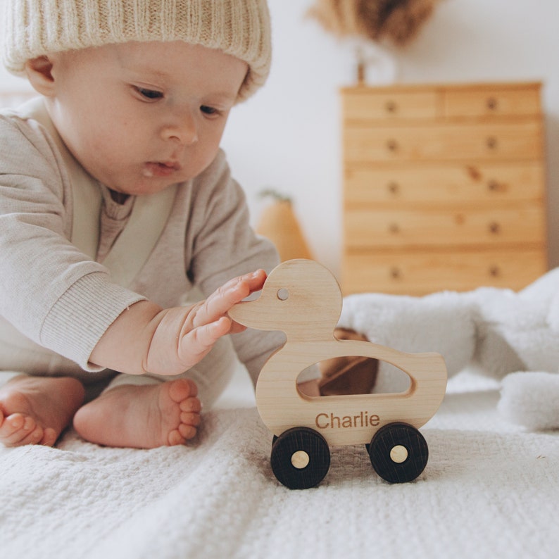Wooden Animals on the Wheels. Personalized Baby Toy. Sensory Toddler ...