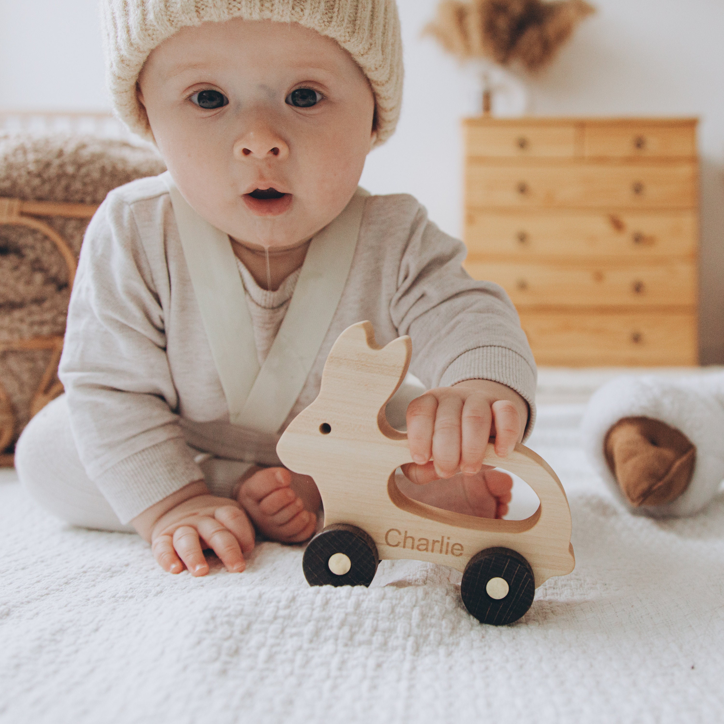 Wooden Animals on the Wheels. Personalized Baby Toy. Sensory Toddler Toys. Custom Baptism Gift ...