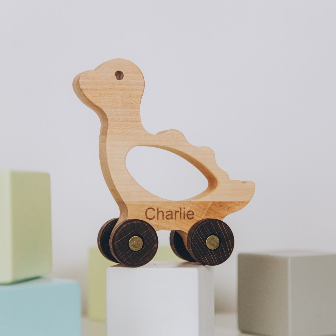Wooden Animals on the Wheels. Personalized Baby Toy. Sensory Toddler ...