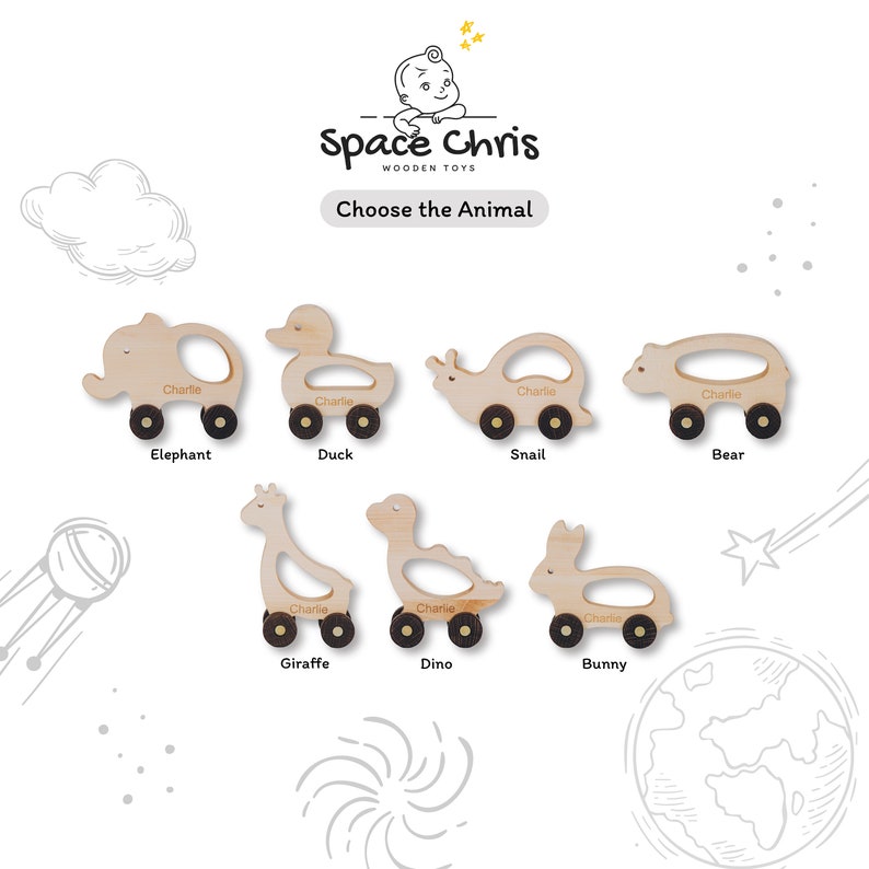 Wooden Animals on the Wheels. Personalized Baby Toy. Sensory Toddler ...