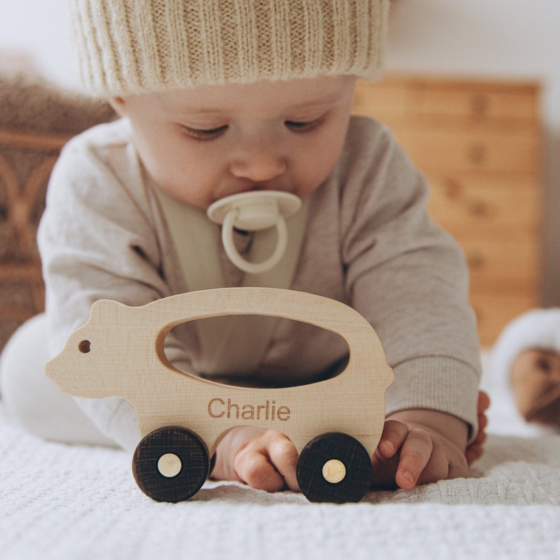 Wooden Animals on the Wheels. Personalized Baby Toy. Sensory Toddler ...
