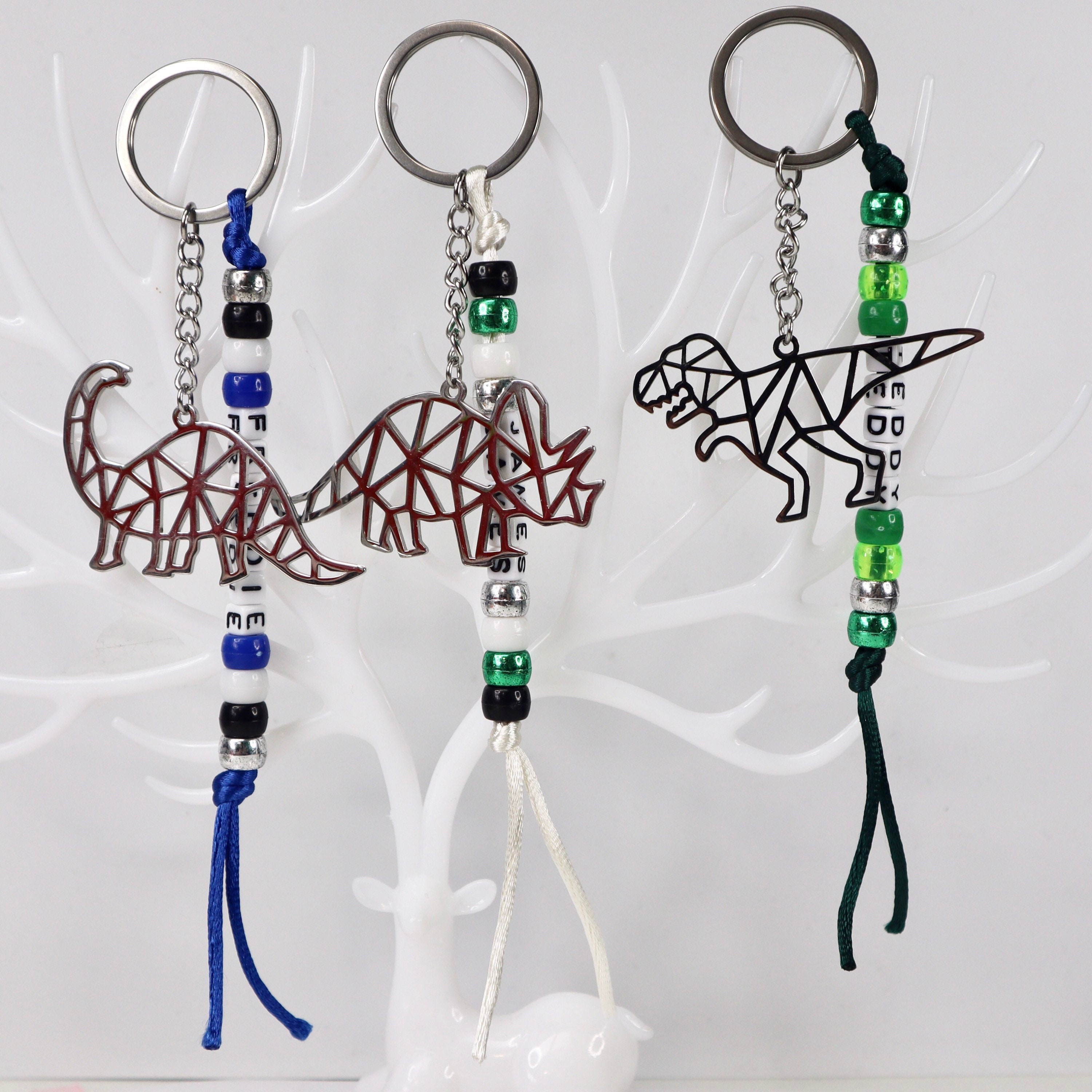 Stainless Steel Metal Dinosaur Personalised Bead Keyrings - Etsy UK
