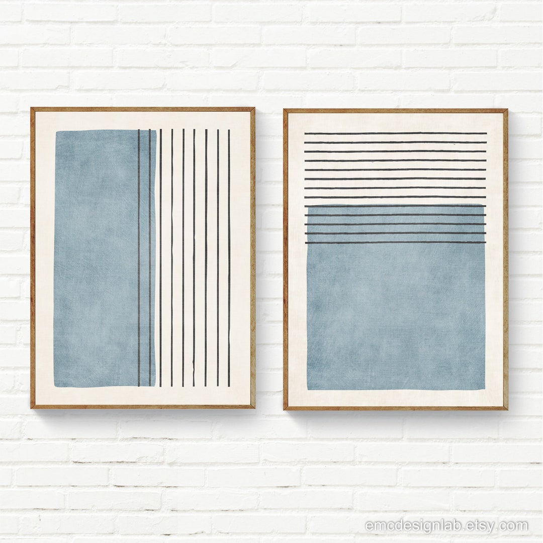 Light Stone Blue Minimalist Art Set Linen Rich Texture Print Set of 2 ...