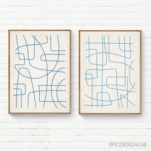 Minimalist Blue Line Art Print Set of 2 Blue Tones Modern Minimalist ...