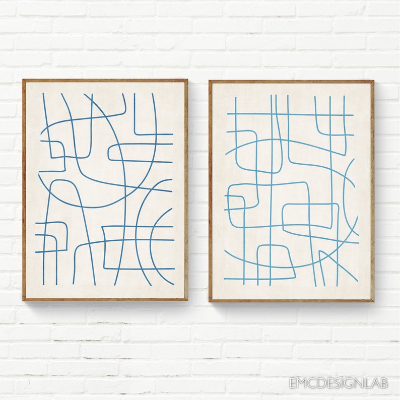 Minimalist Blue Line Art Print Set of 2 Blue Tones Modern Minimalist ...