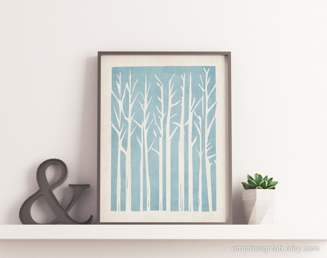 Light Blue Minimalist Trees Forest Art Print Sky Blue White Light ...