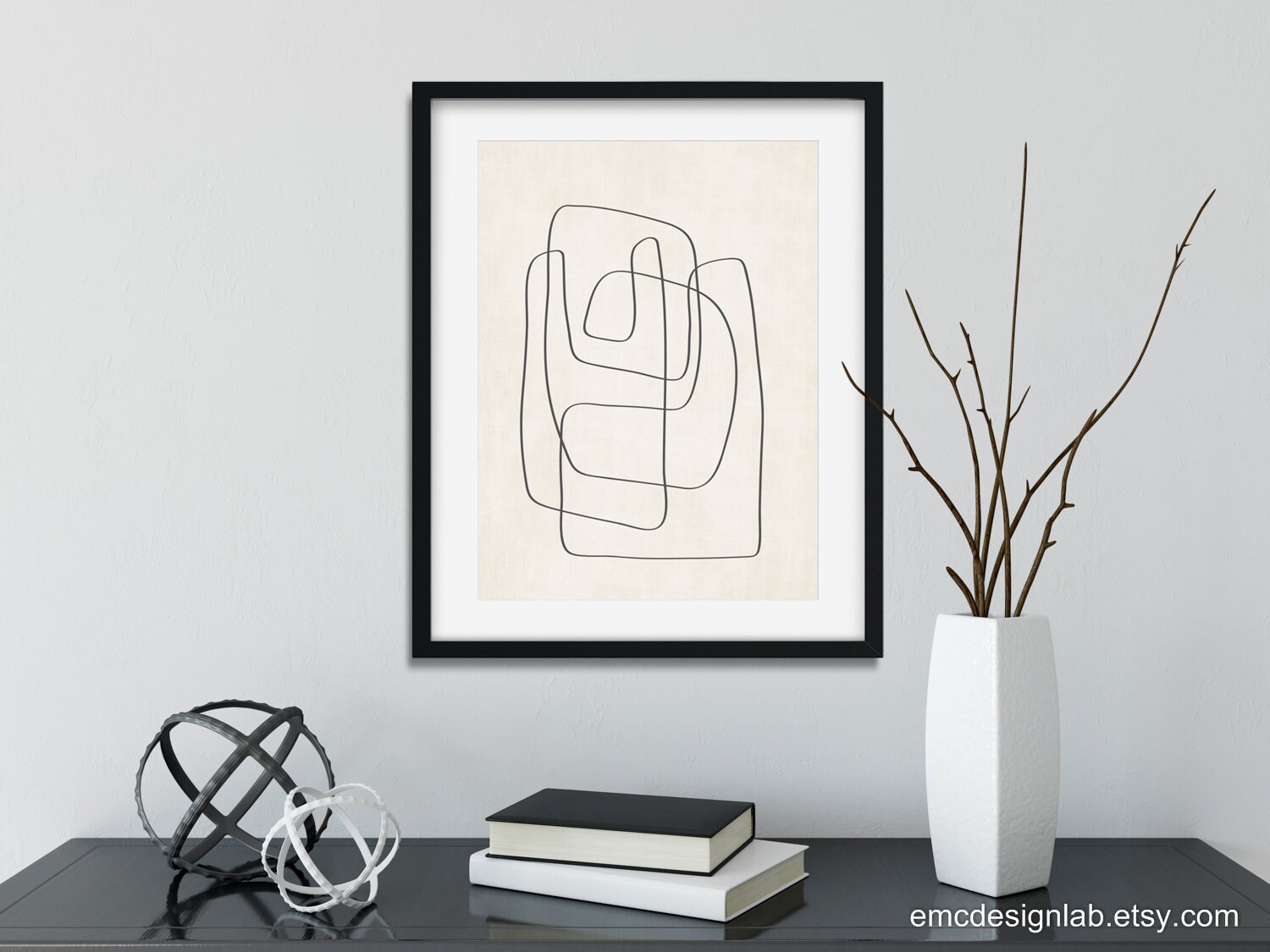 Minimalist Line White Art Print, Off-white Dark Gray Minimal Art ...