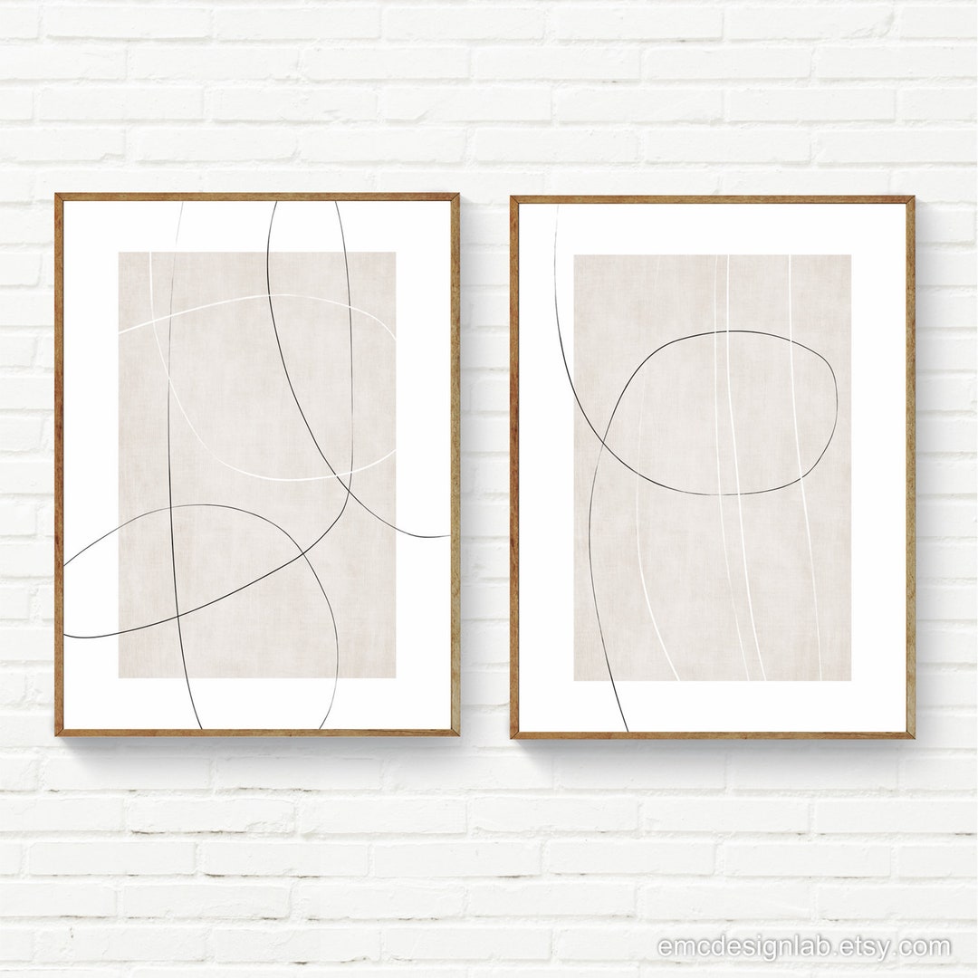 Minimalist Light Beige Set of 2 Line Art Print, Black White Line Art ...