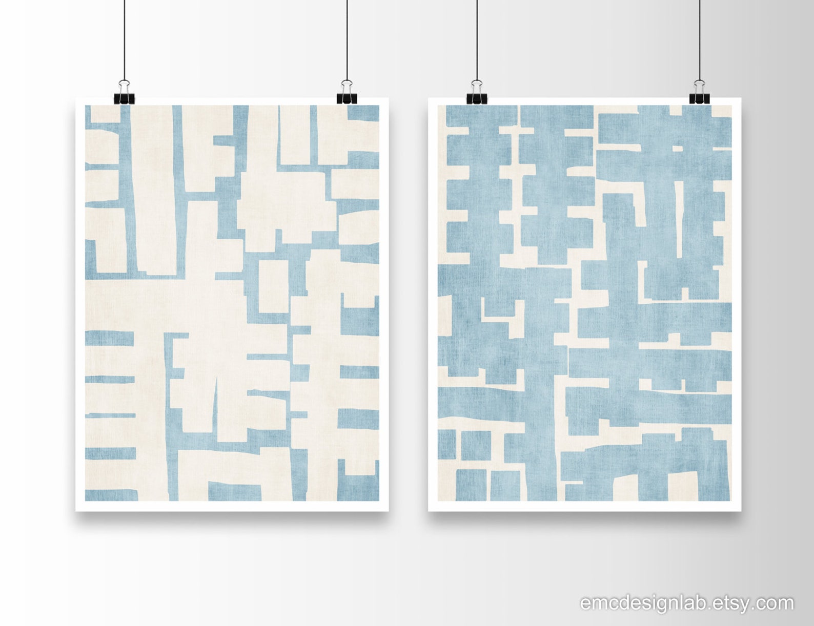 Light Blue Art Set of 2 Prints Ivory White Original Minimalist Print ...