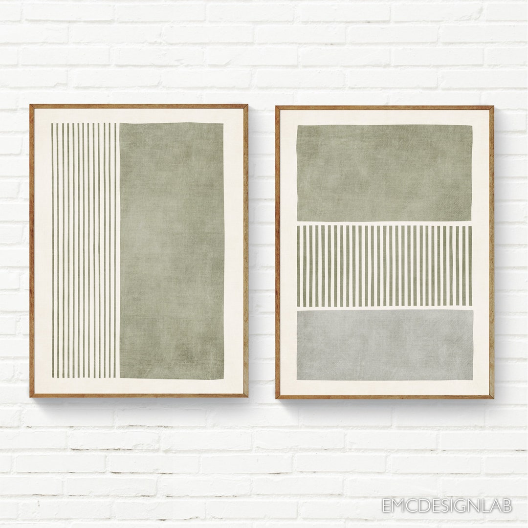 Green Tones Lines Minimalist Art Print Set Olive Green Color Block Army ...
