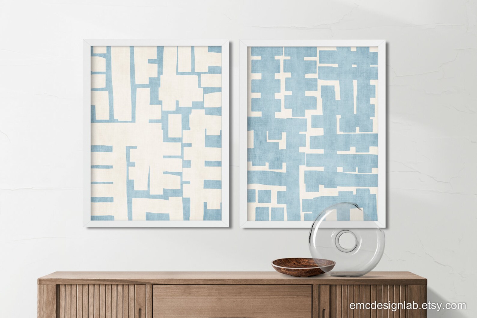 Light Blue Art Set of 2 Prints Ivory White Original Minimalist Print ...