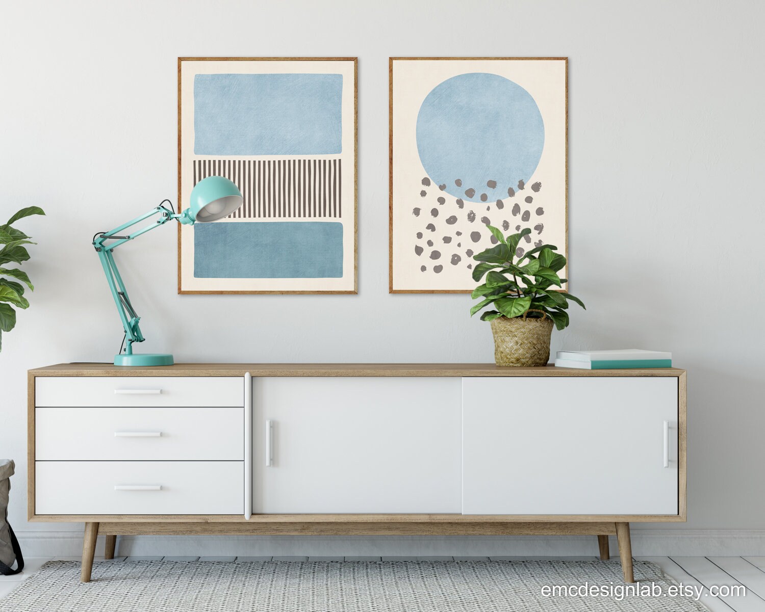 Sky Blue Dark Gray Abstract Art Set / Modern Light Blue Set of Prints ...