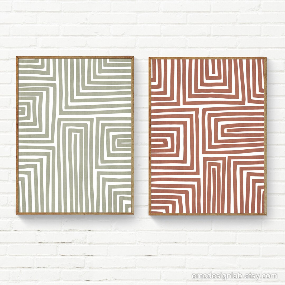 Abstract Labyrinth Art Print Set: Boho Terracotta & Light Green - Etsy