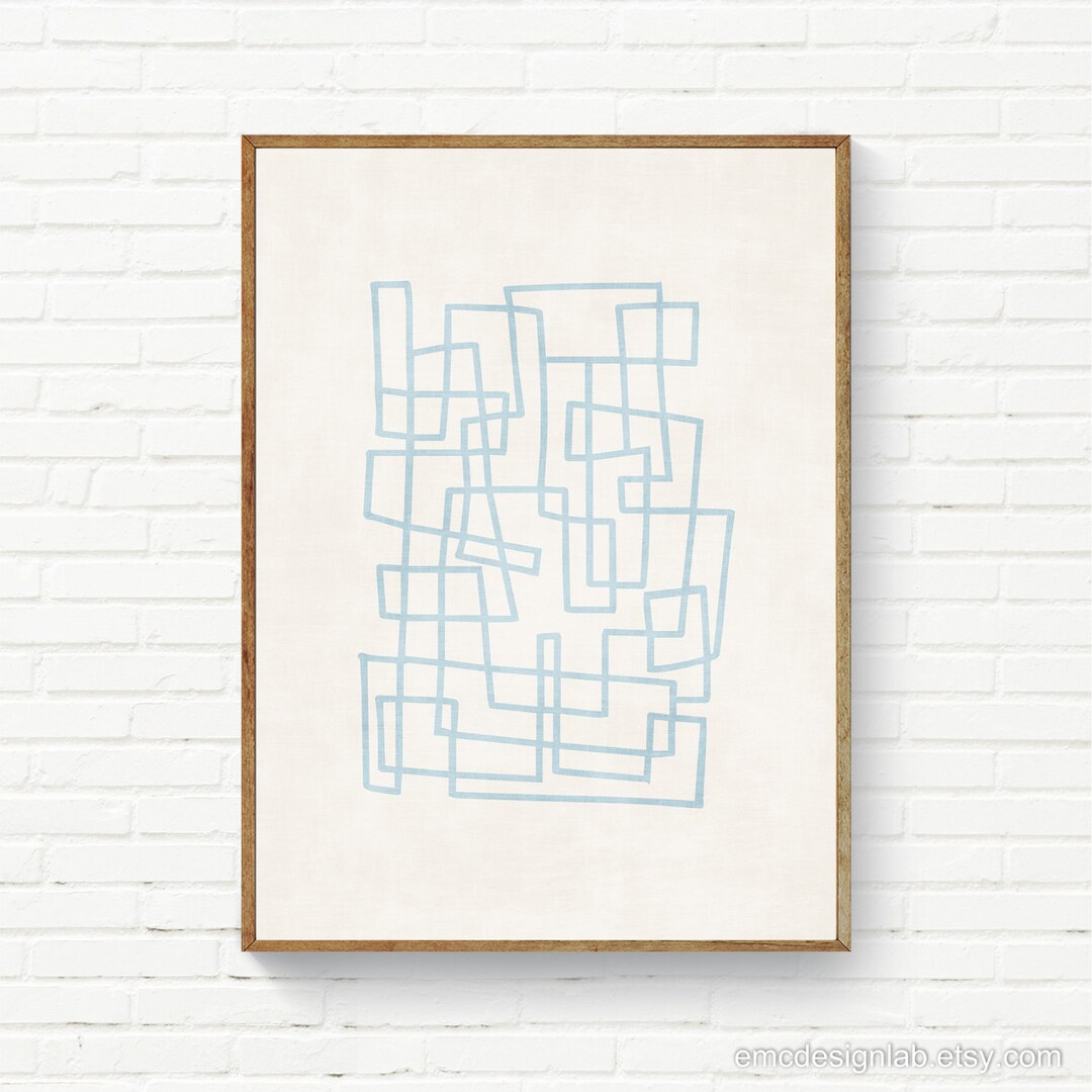 Ivory White Light Cream Baby Blue Line Art, Minimalist Sky Blue Line ...